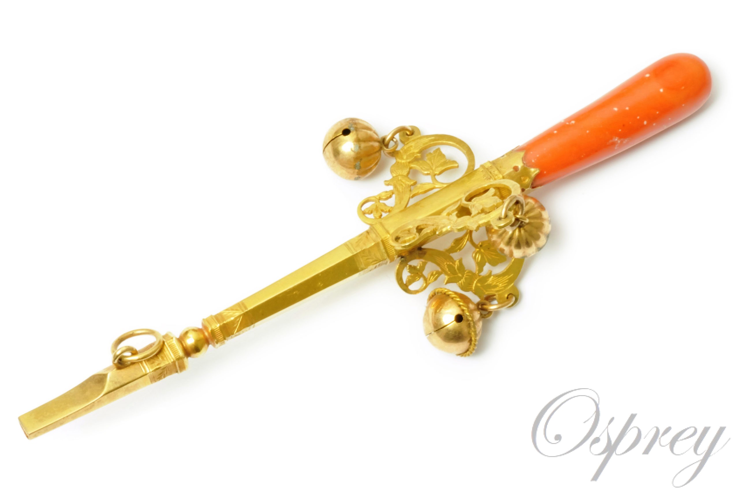 Gold whistle/rattle with red coral - Osprey Paris